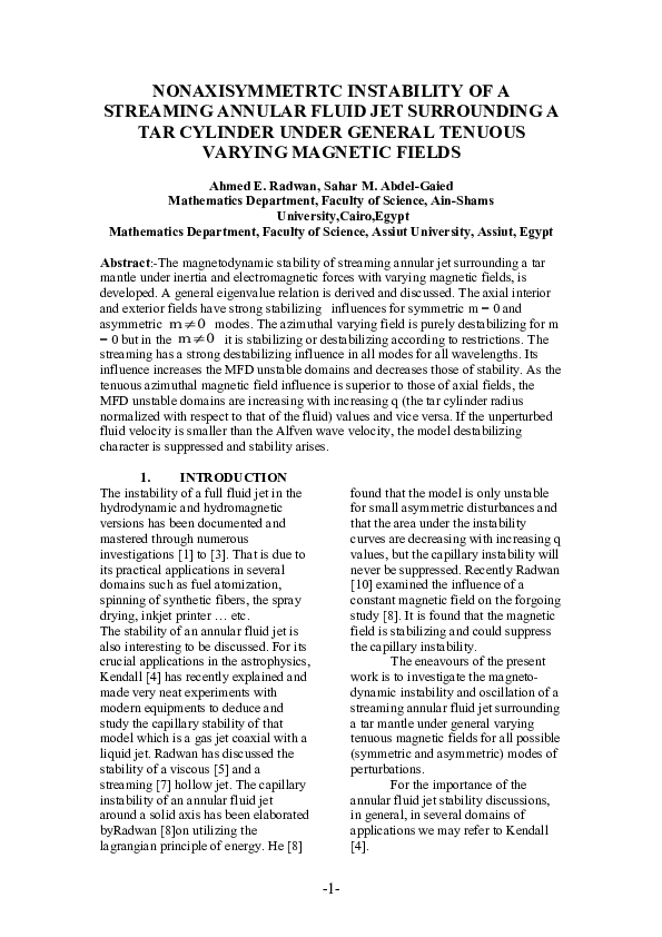 (DOC) NONAXISYMMETRTC INSTABILITY OF A STREAMING ANNULAR FLUID JET ...