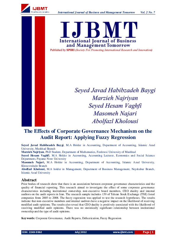 (PDF) The Effects of Corporate Governance Mechanism on the Audit Report: Applying Fuzzy Regression