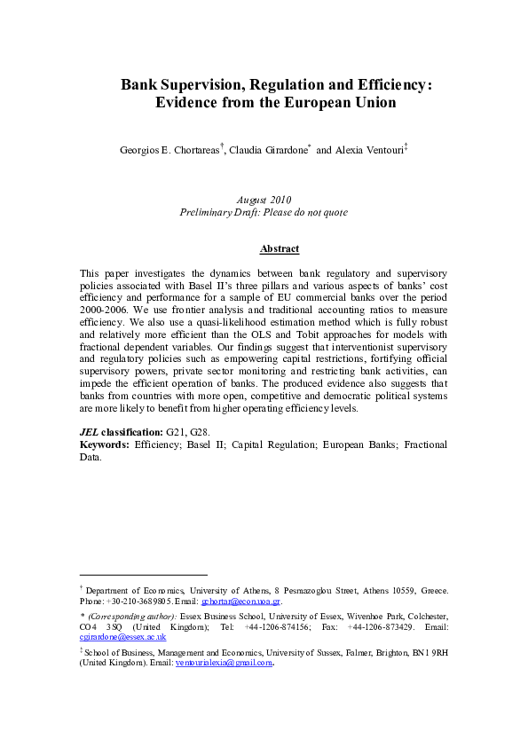 (PDF) Bank Supervision, Regulation and Efficiency: Evidence from the ...