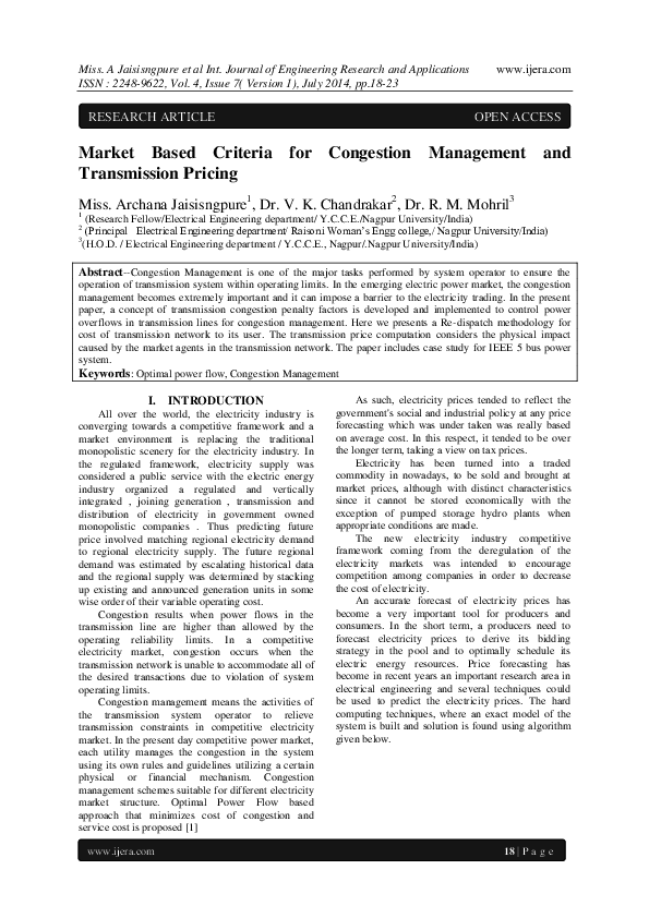 Pdf Market Based Criteria For Congestion Management And Transmission