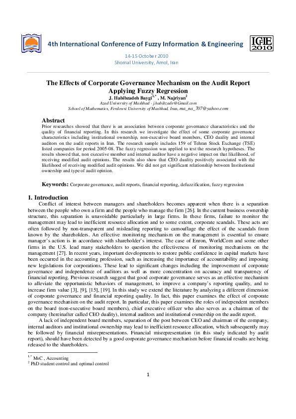 (PDF) The Effects of Corporate Governance Mechanism on the Audit Report Applying Fuzzy Regression