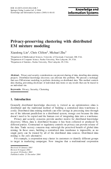 (PDF) Privacy-preserving clustering with distributed EM mixture modeling