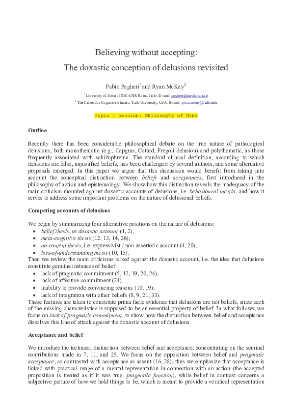 (PDF) Believing Without Accepting: The Doxastic Conception of Delusions ...