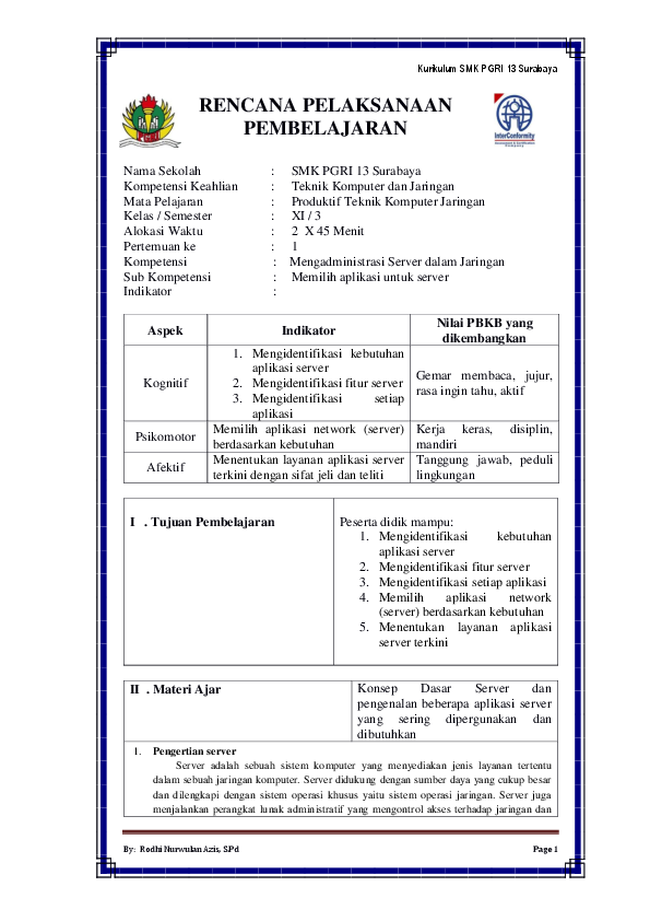 (PDF) Kurikulum SMK PGRI 13 Surabaya RENCANA PELAKSANAAN PEMBELAJARAN