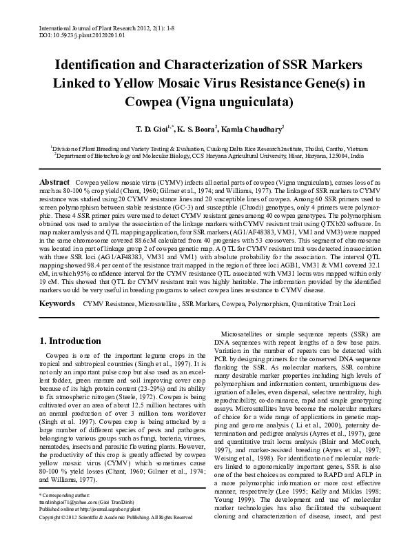 Pdf Identification And Characterization Of Ssr Markers Linked To Yellow Mosaic Virus