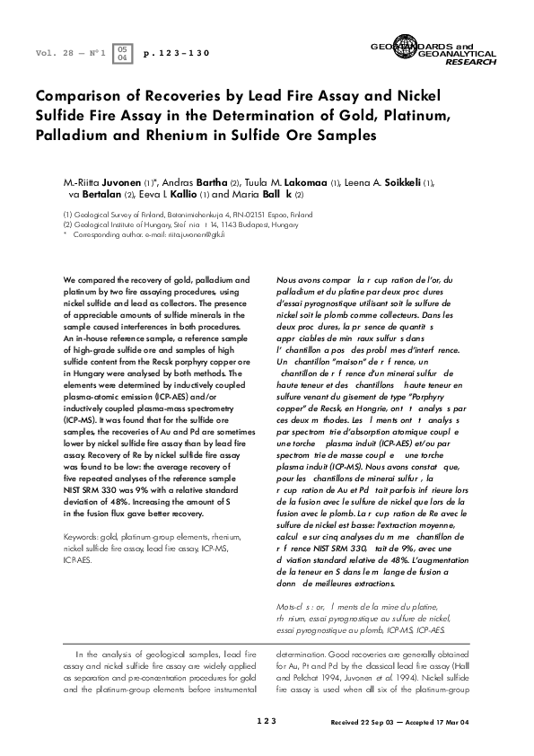 Comparison of Recoveries by Lead Fire Assay and Nickel Sulfide Fire ...