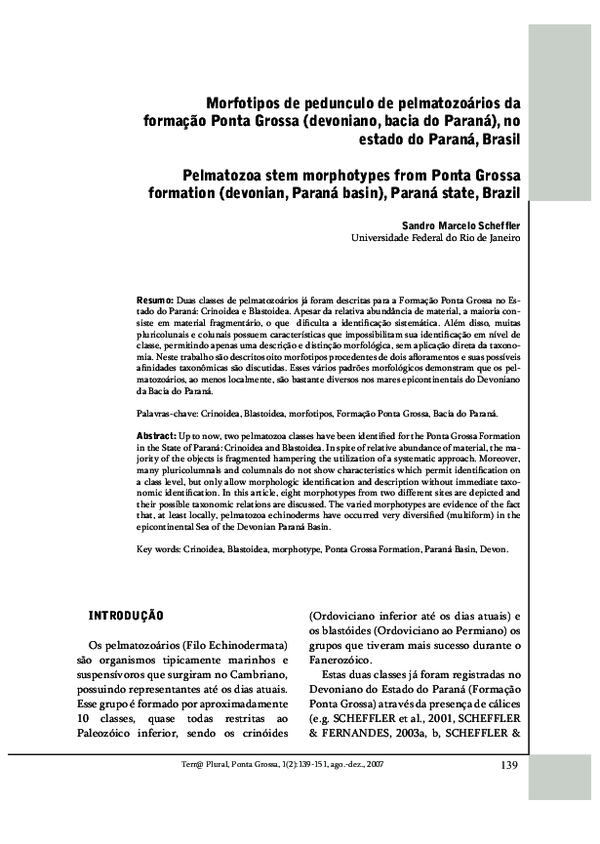 (PDF) Morfotipos de pedunculo de pelmatozoários da formação Ponta ...
