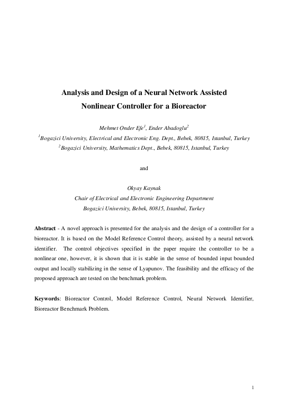 (PDF) A novel analysis and design of a neural network assisted nonlinear controller for a bioreactor