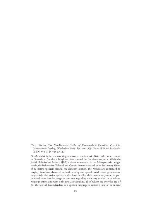 (PDF) Review of: C.G. Häberl, The Neo-Mandaic Dialect of Khorramshahr.