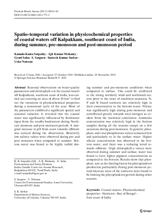 (PDF) Spatio temporal variation in physico- chemical properties of coastal waters off Kalpakkam ...
