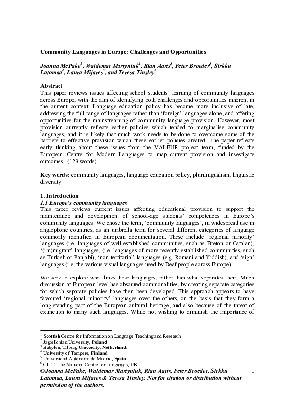 (PDF) Community Languages in Europe: Challenges and Opportunities