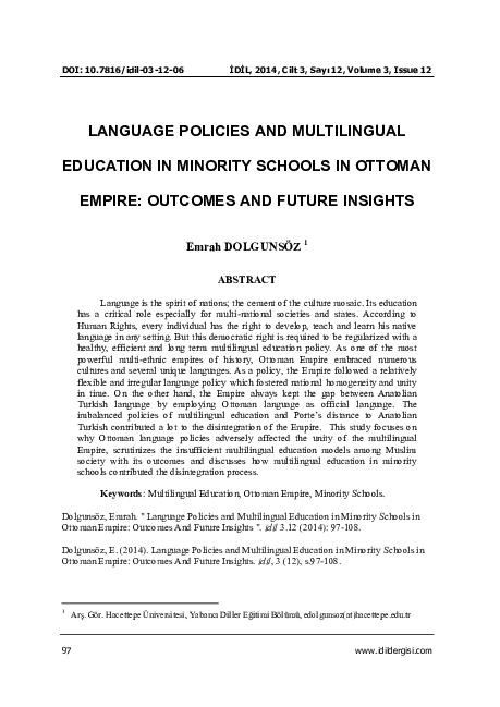 (PDF) LANGUAGE POLICIES AND MULTILINGUAL EDUCATION IN MINORITY SCHOOLS IN OTTOMAN EMPIRE ...