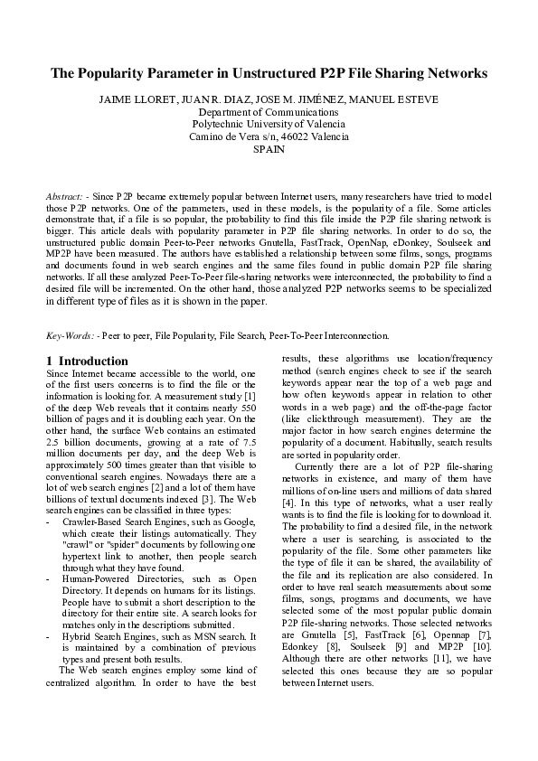 Pdf Popularity In Unstructured P2p Networks