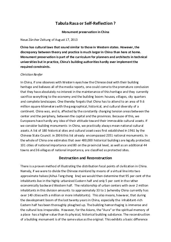 (PDF) Renfer Christian, Tabula Rasa or Self-Reflection ? - Monument preservation in China, Neue ...
