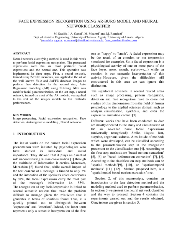 (PDF) FACE EXPRESSION RECOGNITION USING AR-BURG MODEL AND NEURAL NETWORK CLASSIFIER