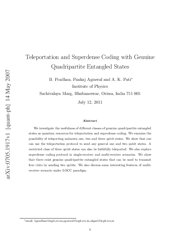 (PDF) Teleportation and Superdense coding with Genuine quadripartite ...
