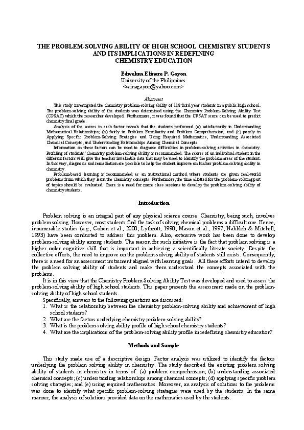 (PDF) THE PROBLEM-SOLVING ABILITY OF HIGH SCHOOL CHEMISTRY STUDENTS AND ...