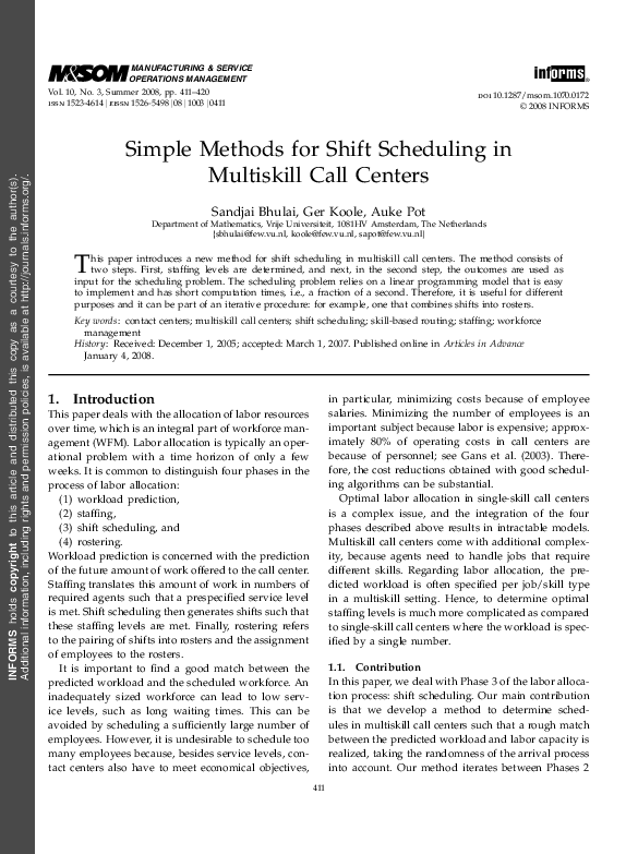 (PDF) Simple Methods for Shift Scheduling in Multiskill Call Centers