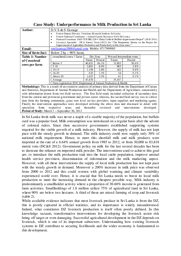 Case Study Milk Production Dry Zone