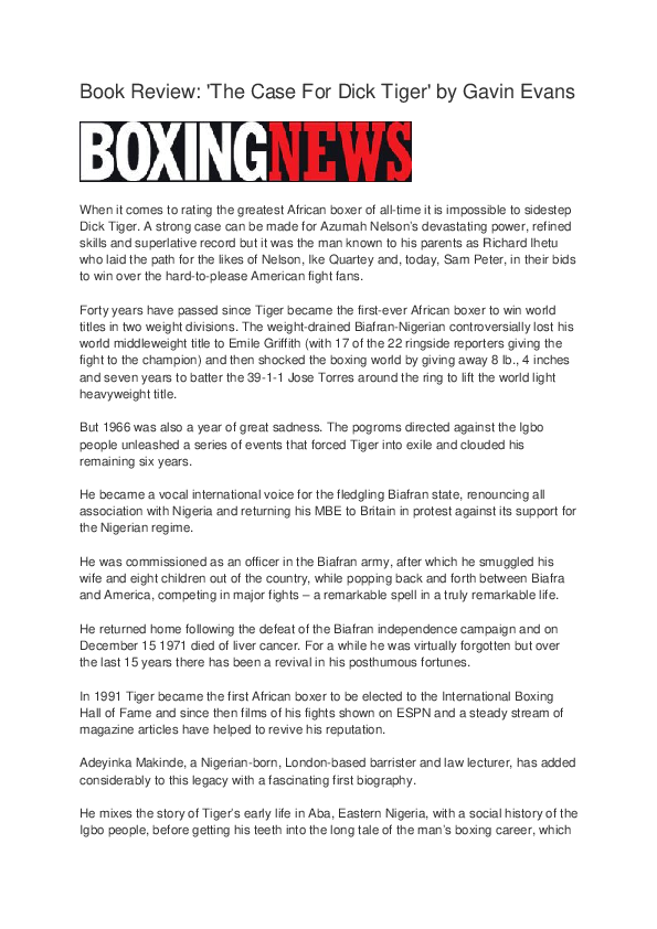 (PDF) Review of Dick Tiger: The Life and Times of a Boxing Immortal by ...