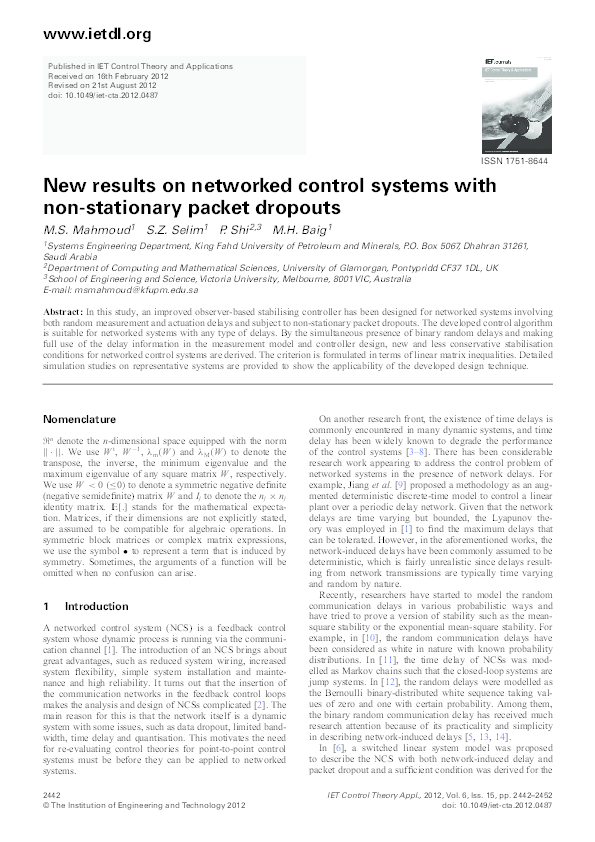 Pdf New Results On Networked Control Systems With Non Stationary Packet Dropouts