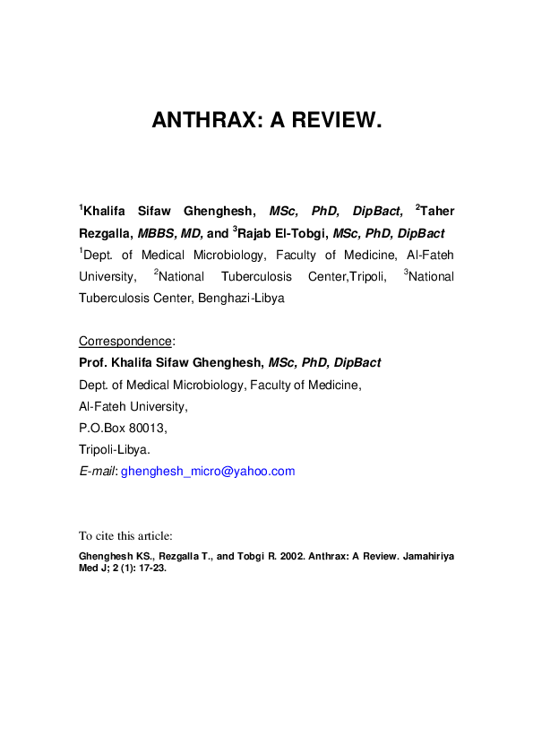 (PDF) ANTHRAX: A REVIEW