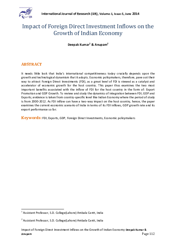 (PDF) Impact of Foreign Direct Investment Inflows on the Growth of ...