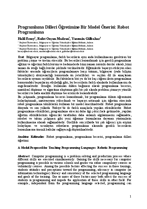 (DOC) Programlama Dilleri Öğretimine Bir Model Önerisi: Robot Programlama