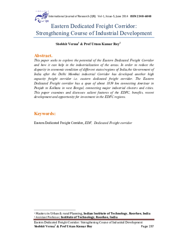 (PDF) Eastern Dedicated Freight Corridor: Strengthening Course of ...