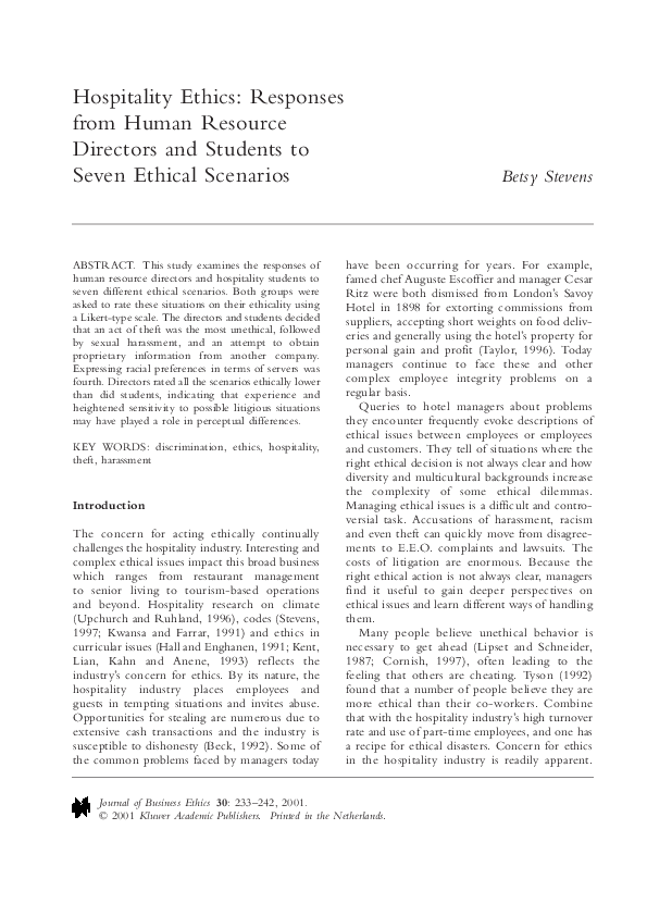 (PDF) Hospitality Ethics: Responses from Human Resource Directors and ...