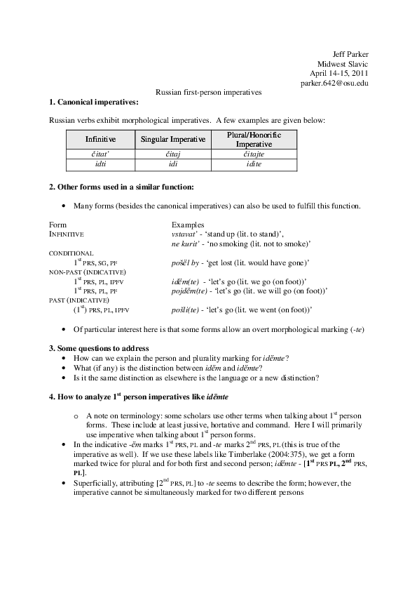 (PDF) Russian 1st person imperatives: the emancipation of -te