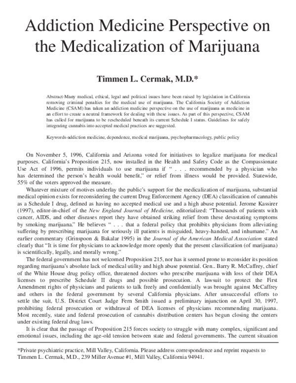 (PDF) Addiction Medicine Perspective on the Medicalization of Marijuana