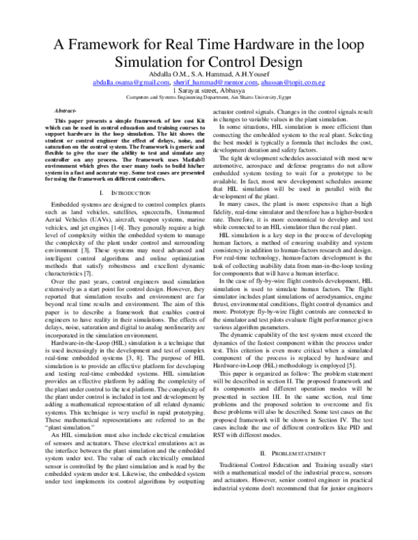 Pdf A Framework For Real Time Hardware In The Loop Simulation For Control Design