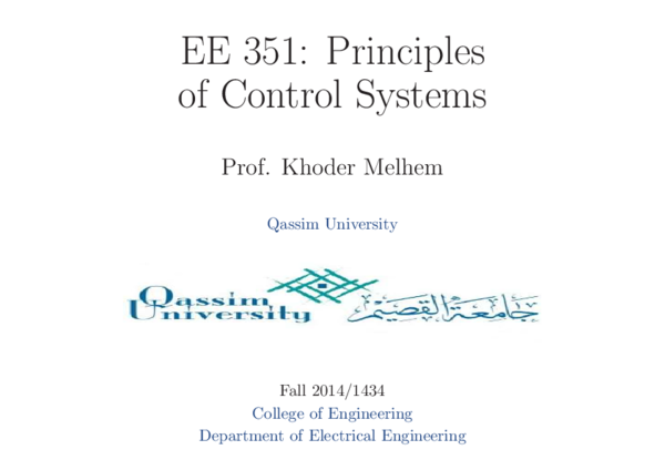 (PDF) EE 351: Principles of Control Systems Introduction to Control and ...