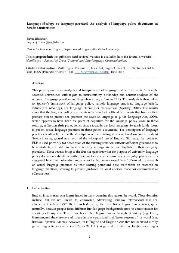 (PDF) Language ideology or language practice? An analysis of language ...