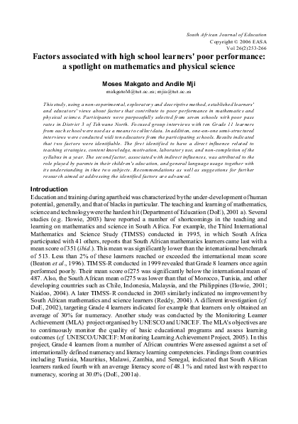 (PDF) Factors associated with high school learners' poor performance: a ...