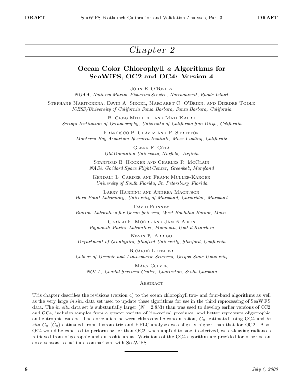 Pdf Ocean Color Chlorophyll A Algorithms For Seawifs Oc2 And Oc4