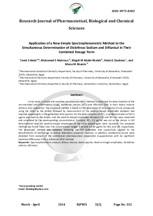 Pdf Application Of A New Simple Spectrophotometric Method To The Simultaneous Determination Of