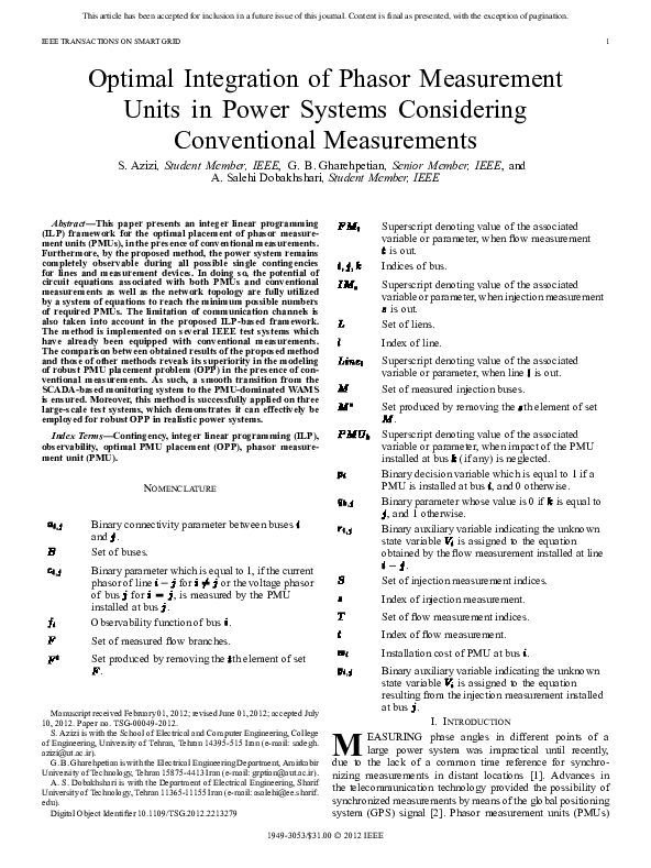 Pdf Optimal Integration Of Phasor Measurement Units In Power Systems Considering Conventional