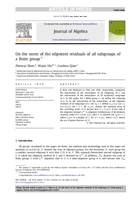 (PDF) On the norm of the nilpotent residuals of all subgroups of a finite group