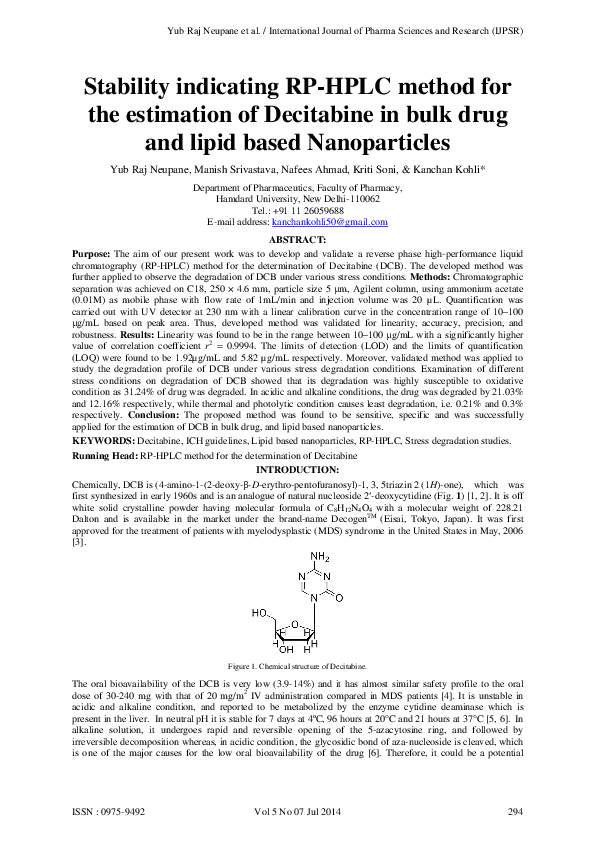 (PDF) Stability indicating RP-HPLC method for the estimation of Decitabine in bulk drug and ...