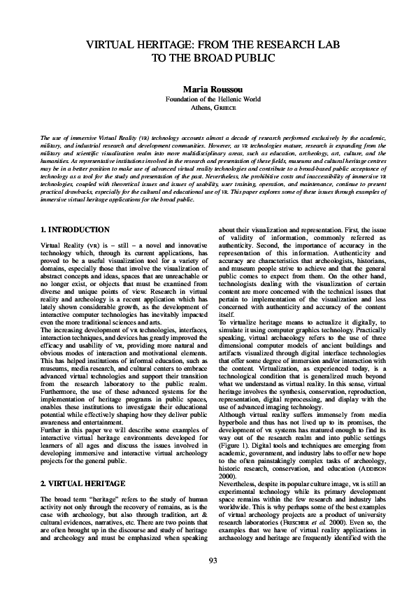 (PDF) Virtual Heritage: From the Research Lab to the Broad Public