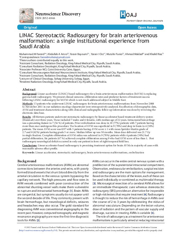 LINAC Stereotactic Radiosurgery for brain arteriovenous malformation: a single institutional ...