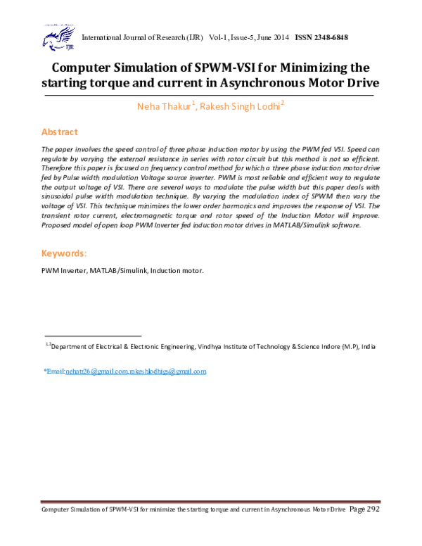 Pdf Computer Simulation Of Spwm Vsi For Minimizing The Starting Torque And Current In