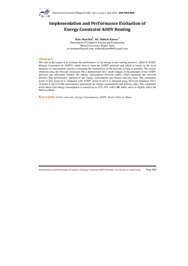 Pdf Implementation And Performance Evaluation Of Energy Constraint Aodv Routing