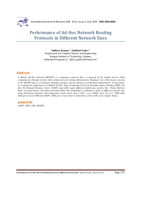 Pdf Performance Of Ad Hoc Network Routing