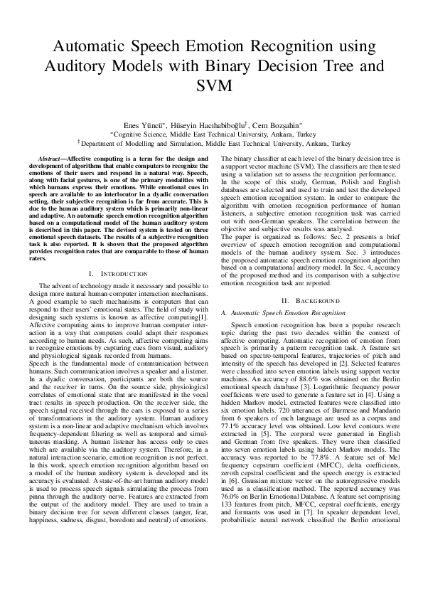 (PDF) Automatic Speech Emotion Recognition using Auditory Models with Binary Decision Tree and ...