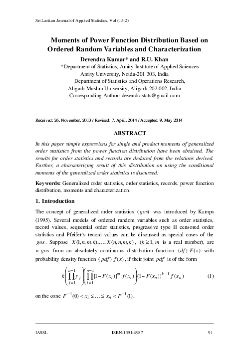 (PDF) Moments of Power Function Distribution Based on Ordered Random Variables and Characterization