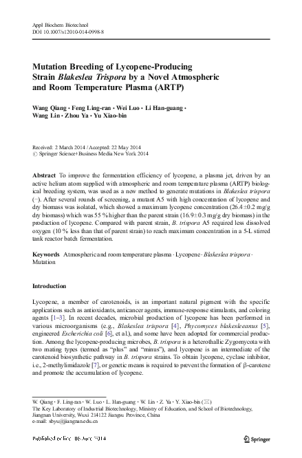 (PDF) Mutation Breeding of Lycopene-Producing Strain Blakeslea Trispora ...