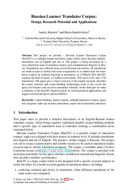 (PDF) Russian Learner Translator Corpus: Design, Research Potential and ...